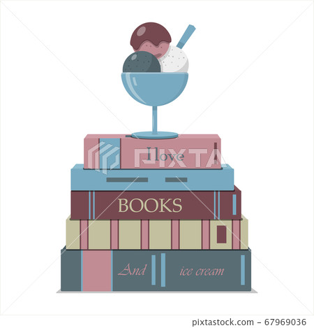 A vertical stack of books and a bowl of ice... - Stock Illustration ...
