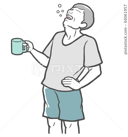 Middle-aged man gargling with hands on his waist - Stock Illustration ...