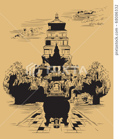 Beige China hand drawing landmark 5 - Stock Illustration [68086332] - PIXTA