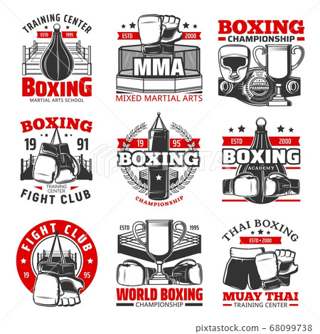 Boxing Muay Thai, Thailand kickboxing icons - Stock Illustration ...