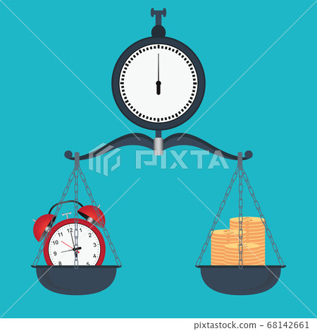 Balance time and money on scales on background. - Stock Illustration ...