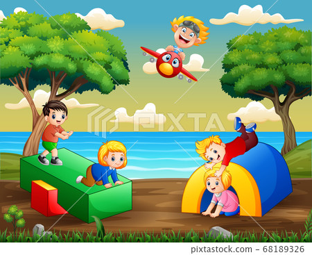 Cartoon children having fun at playground - Stock Illustration ...
