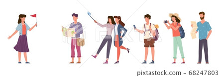 Tourists and tour guide. Travelling people... - Stock Illustration ...
