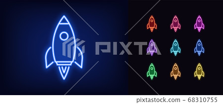 Neon rocket icon. Glowing neon spacecraft sign, - Stock Illustration ...