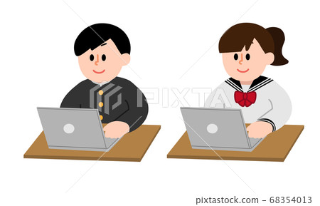 Male and female students operating a computer... - Stock Illustration ...