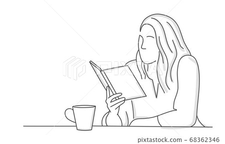 Woman sits at a table and reads a book. - Stock Illustration [68362346 ...