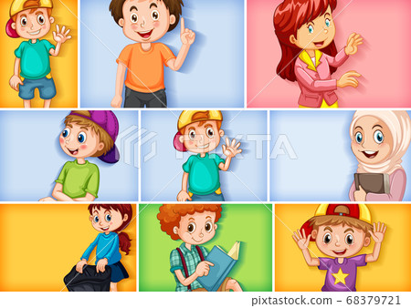 Set of different kid characters on different color - Stock Illustration ...