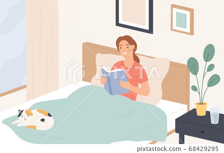 Woman reading in bed. Young girl reads book and... - Stock Illustration ...