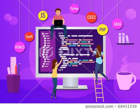 Team writes code programming for a game, app or... - Stock Illustration ...