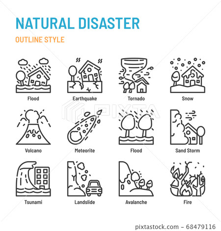 Natural disaster in outline icon and symbol set - Stock Illustration ...