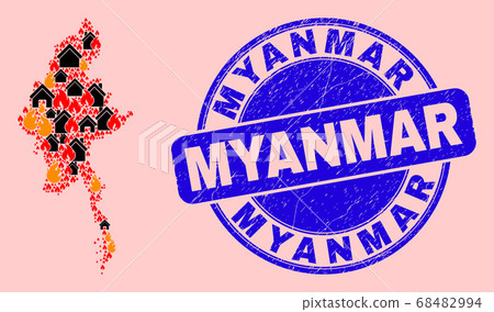 Myanmar Map Collage of Flame and Homes and... - Stock Illustration ...