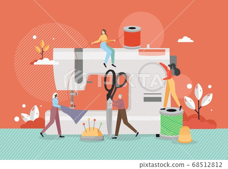 Seamstress dressmaker tiny characters sewing... - Stock Illustration ...