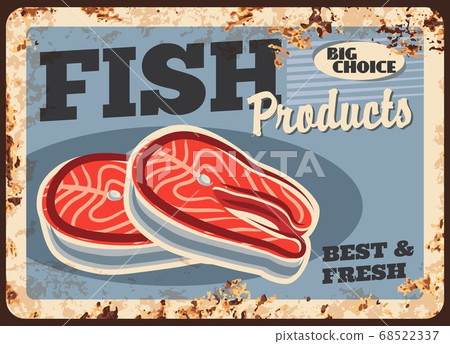Salmon fish rusty metal plate, fish market menu - Stock Illustration ...