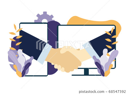 People shaking hands through computer and... - Stock Illustration ...