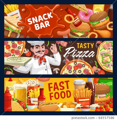 Fast food and snack bar vector cartoon banners - Stock Illustration ...