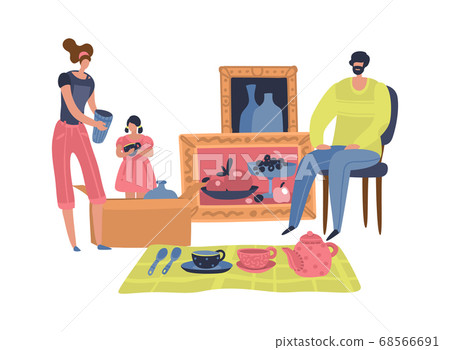 People selling second hand retro goods. Family... - Stock Illustration ...