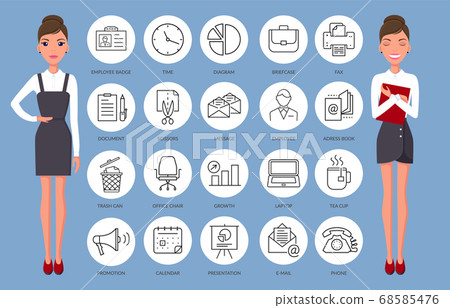 Set of round office icons, young business women... - Stock Illustration ...
