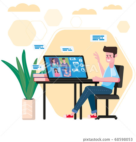 E-learning boy studying with computer and... - Stock Illustration ...