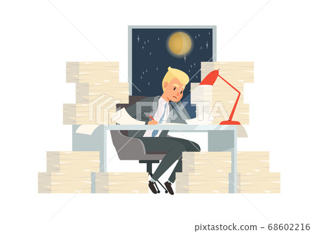 Work at night. Man working with papers, solving... - Stock Illustration ...