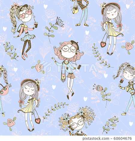 Seamless pattern with cute trendy teen girls on a - Stock Illustration ...