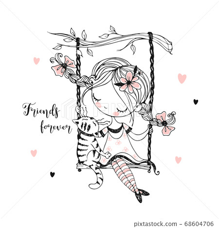 A cute girl with pigtails swings on a swing with - Stock Illustration ...