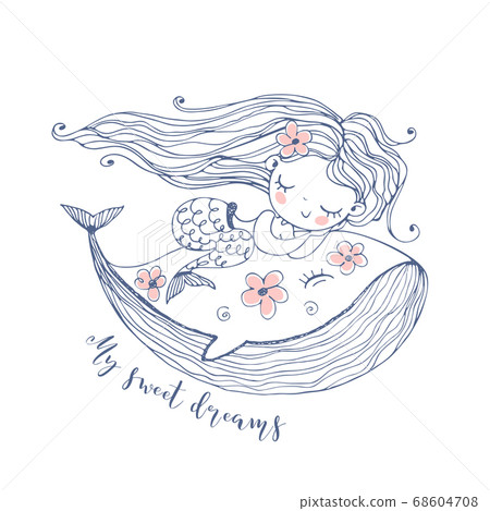 Cute little mermaid sleeping sweetly on a whale. - Stock Illustration ...