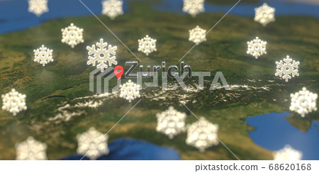 Zurich city and snowy weather icon on the map,... - Stock Illustration ...