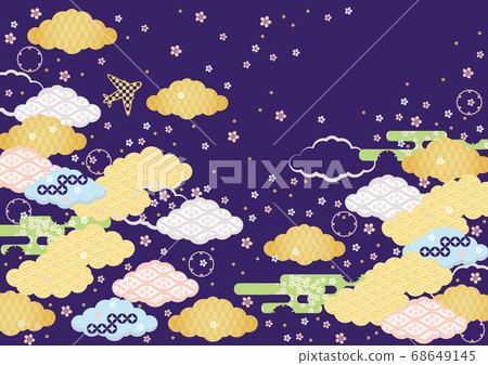 Japanese pattern sky scenery (Sakura, airplane) 1 - Stock Illustration ...