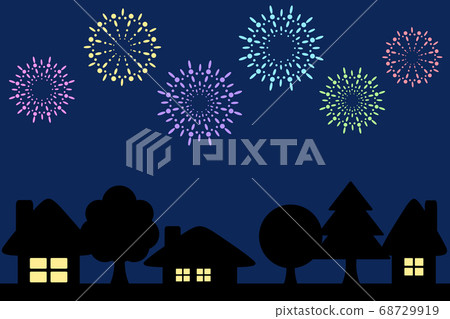 Cityscape background rectangular fireworks - Stock Illustration ...