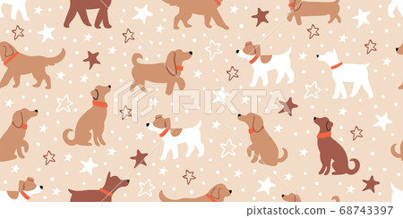 Vector seamless pattern with cute dogs, stars pink - Stock Illustration ...