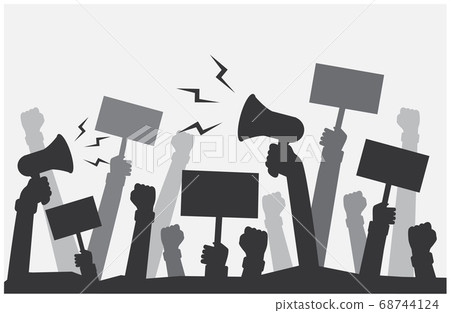 riots and protests hands are holding megaphones... - Stock Illustration ...