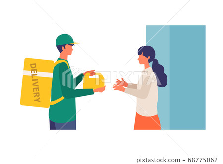Illustration of a woman receiving food delivery - Stock Illustration ...