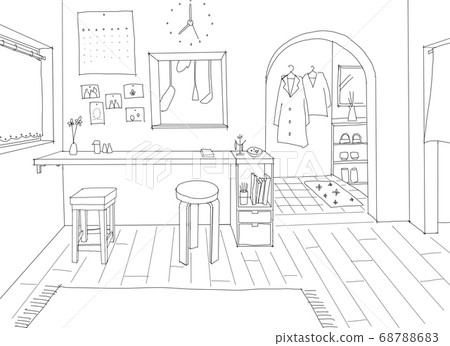 Line drawing of a room with a counter - Stock Illustration [68788683 ...