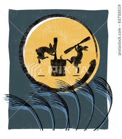 Rabbit silhouette with mochi in full moon over... - Stock Illustration ...