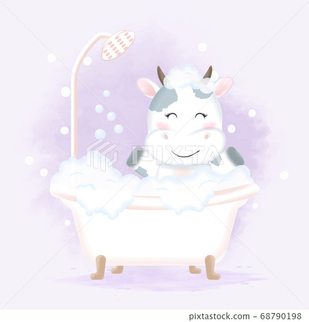 Cute cow taking bath in bathtub hand drawn... - Stock Illustration ...
