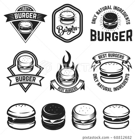 Set of burger labels. Design elements for logo, - Stock Illustration ...