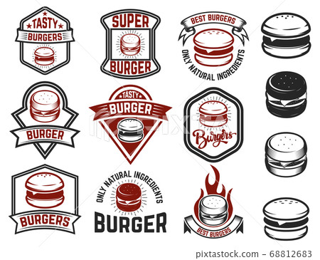 Set of burger labels. Design elements for logo, - Stock Illustration ...