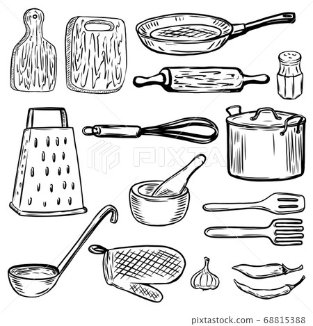 Set of hand drawn kitchen tools. Design elements - Stock Illustration ...