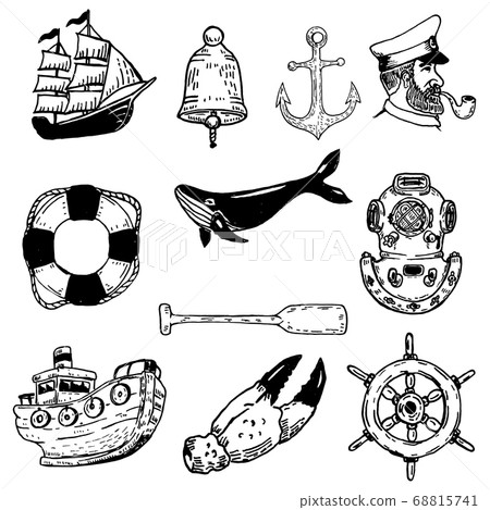 Set of hand drawn nautical vector elements. Design - Stock Illustration ...