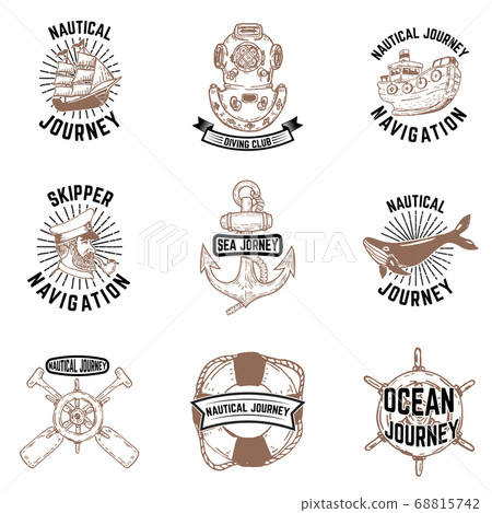 Set of hand drawn nautical emblems. Skipper, - Stock Illustration ...