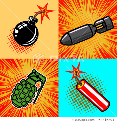 Set of bomb illustrations in pop art style. Vector - Stock Illustration ...