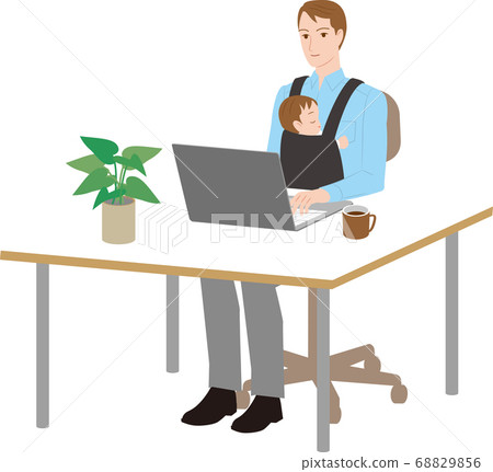 A father who works with his baby to work. Work... - Stock Illustration ...