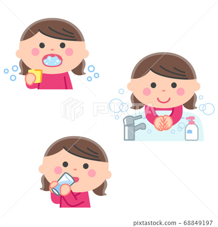 Preventing infectious diseases/Girls gargling,... - Stock Illustration ...