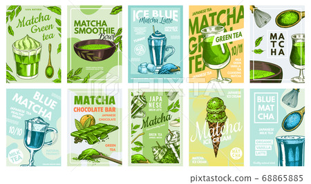 Matcha green tea poster. Healthy milk blue... - Stock Illustration ...