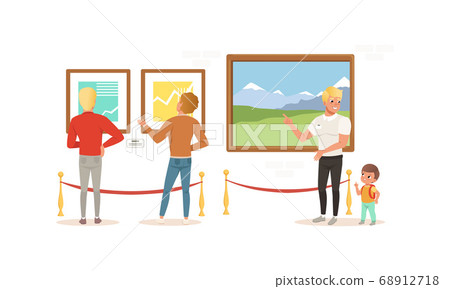 Exhibition Visitors Viewing Paintings at Art... - Stock Illustration ...