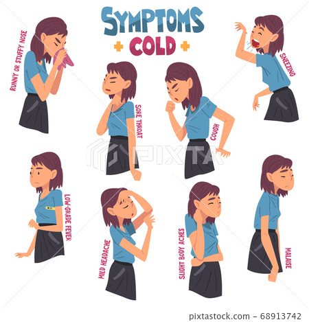 Cold Symptoms Set, Gitl Having Cough, Malaise,... - Stock Illustration ...