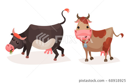 Funny Spotted Cow with Horns Grazing Vector Set - Stock Illustration ...
