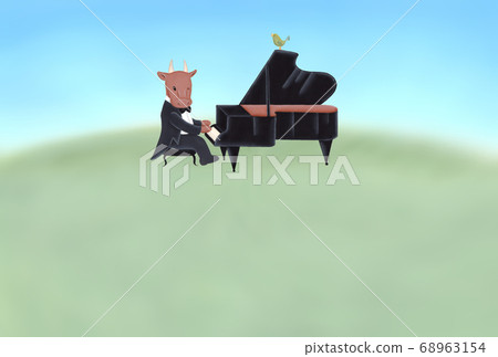 Cow playing a grand piano in the meadow - Stock Illustration [68963154 ...