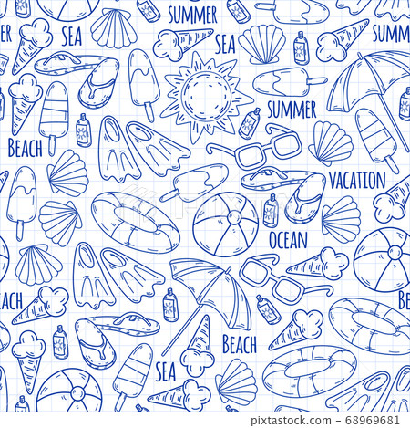 Summer, travel. Sea, ocean, beach. Vector pattern. - Stock Illustration [68969681] - PIXTA
