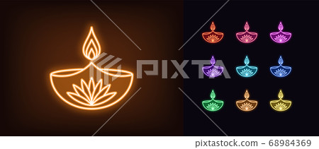 Neon diya icon. Glowing neon Diya lamp with fire-插圖素材 [68984369] - PIXTA圖庫